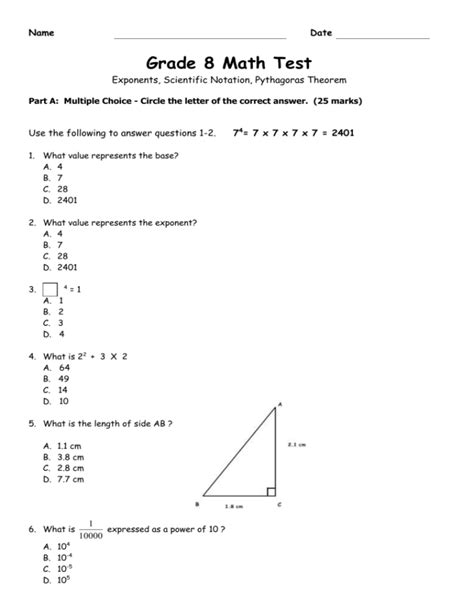 Grade 8 Math Test Exponents Scientific Notation Pythagoras