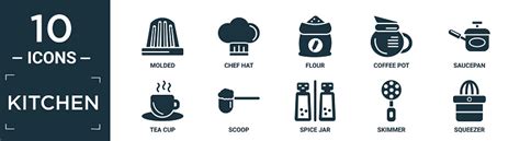 채워진 주방 아이콘 세트입니다 플랫 몰드 셰프 모자 밀가루 커피 포트 냄비 찻잔 스쿱 향신료 항아리 스키머 압착기 아이콘을 편집 가능한 형식으로 포함합니다 곡초류에 대한