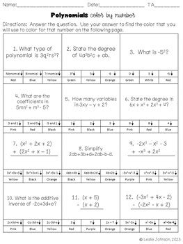 Winter Polynomial Color By Number By Leslie Johnson TPT