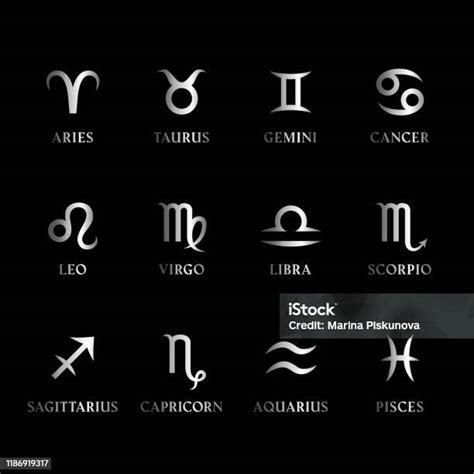 검은 색 배경에 실버 금속 조디악 표지판과 기호의 집합입니다 별자리 점성술 아이콘 0명에 대한 스톡 벡터 아트 및 기타 이미지