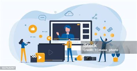 플랫 벡터 일러스트 비디오 콘텐츠 크리에이터 팀 작업 및 인터넷 온라인 미디어 개념으로 돈을 벌 인플루언서에 대한 스톡 벡터 아트 및 기타 이미지 Istock