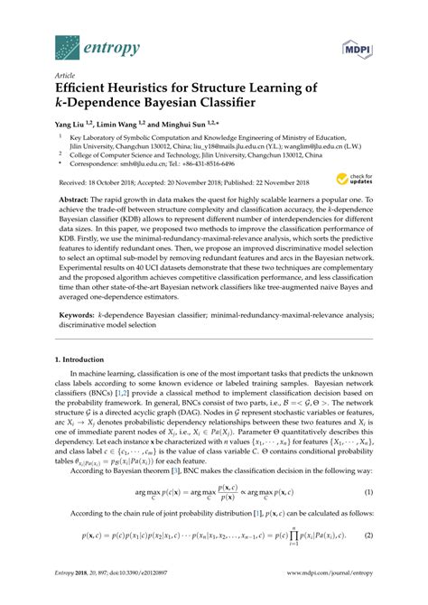 Pdf Efficient Heuristics For Structure Learning Of K Dependence Bayesian Classifier