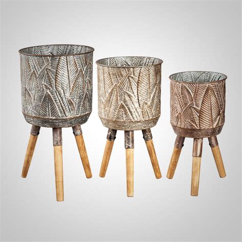 Embossed Leaf Planter With Wood Legs Americas Gardens Nursery