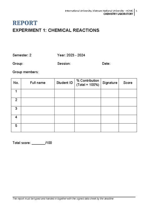 Chem Lab Report Guideline CHEMISTRY LABORATORY REPORT EXPERIMENT CHEMICAL REACTIONS