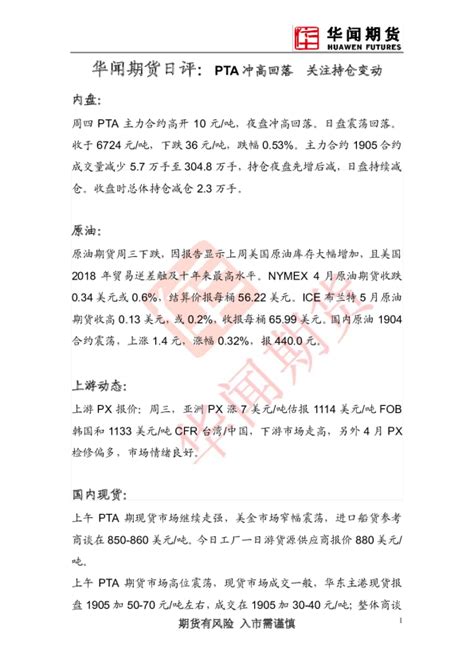 日评：pta冲高回落 关注持仓变动