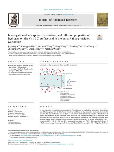 Pdf Investigation Of Adsorption Dissociation And Diffusion Properties Of Hydrogen On The V