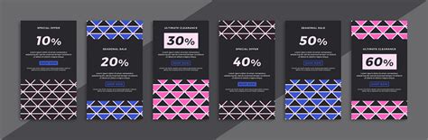 기하학적 패턴의 어두운 수직 홍보 웹 배너 소셜 미디어 모바일 앱 스토리에 대한 현대 판매 및 할인 프로모션 배경 세트 간단한 벡터 편집 가능한 배경 Eps 10 가격에