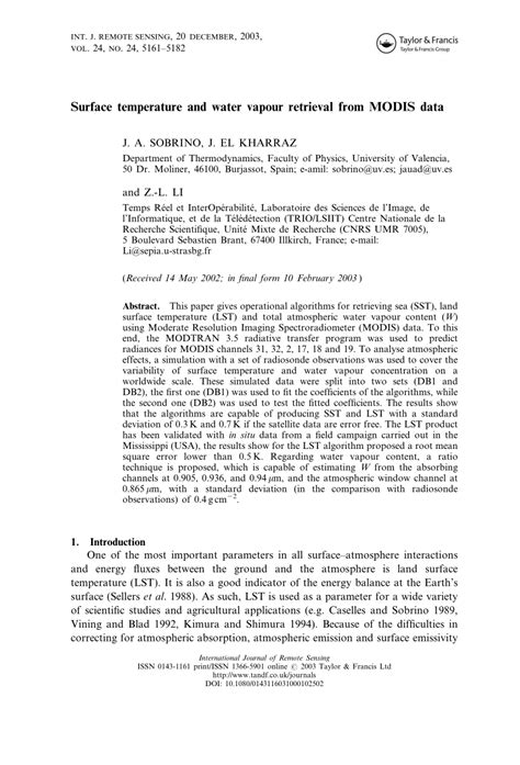 Pdf Surface Temperature And Water Vapour Retrieval From Modis Data