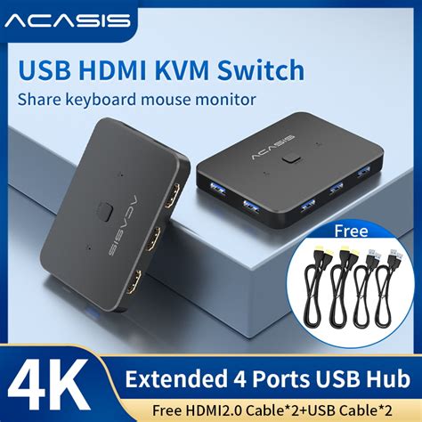 ACASIS USB HDMI KVM Switch 2 In 1 Out 4K60Hz HDMI Switcher And Extended 4 Ports USB3 0 Hub