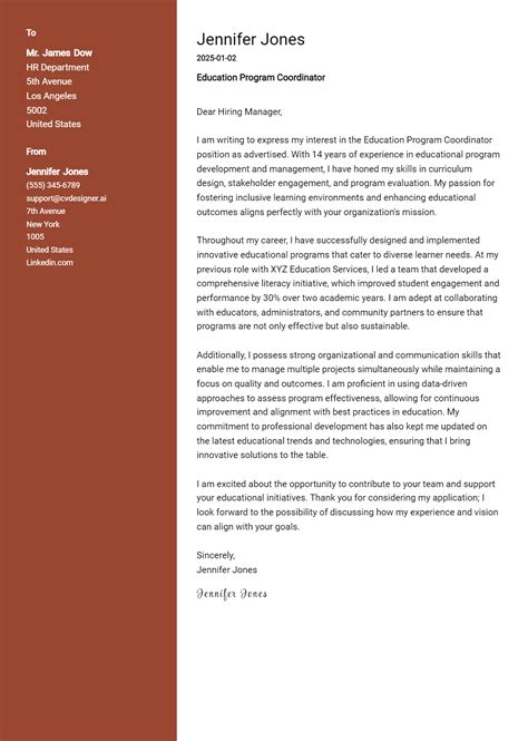15 Education Program Coordinator Cover Letter Examples And Templates For 2025 Resumedesign Ai