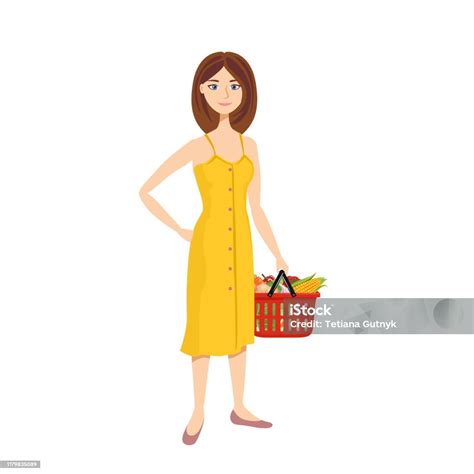 흰색 배경에 고립 된 음식으로 가득 찬 식료품 쇼핑 바구니를 가진 여성 매장에서 여자를 구매 하는 제품의 벡터