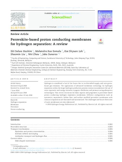 Pdf Perovskite Based Proton Conducting Membranes For Hydrogen Separation A Review