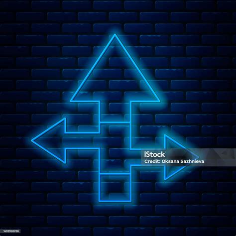 벽돌 벽 배경에 격리 빛나는 네온 라인 화살표 아이콘 방향 화살표 머리 기호입니다 탐색 포인터 기호입니다 벡터 금융에 대한 스톡 벡터 아트 및 기타 이미지 Istock