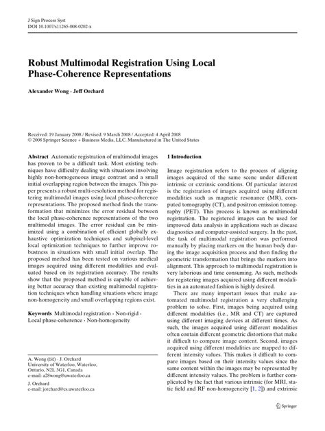 Pdf Robust Multimodal Registration Using Local Phase Coherence Representations