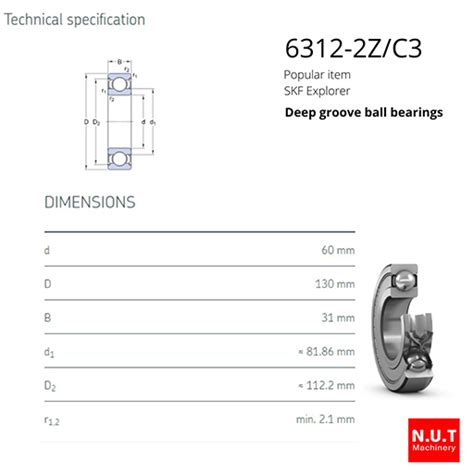 SKF 6312-2Z/C3 ฝาเหล็ก รองรับความเร็วรอบสูง - NUT Machinery