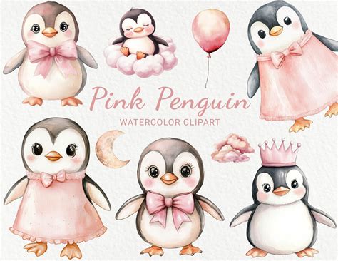 Pink Penguin Nursery Watercolor Clipart 24 Png Cute Pink Animals