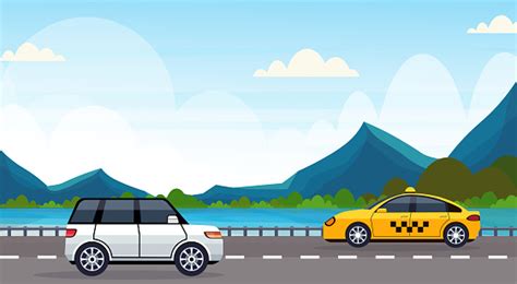 강 산 근처 아스팔트 고속도로도로를 운전 하는 자동차 자연 풍경 배경 수평 배너 플랫 스포츠 유틸리티 자동차에 대한 스톡 벡터 아트 및 기타 이미지 스포츠 유틸리티