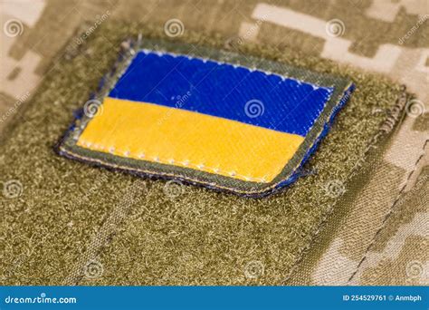 Ukrainian Flag Patch On Camouflage Uniform Close Up Selective Focus