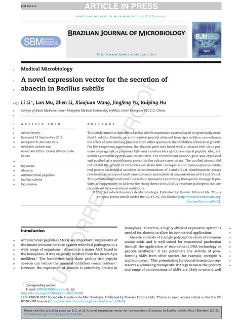 Pdf A Novel Expression Vector For The Secretion Of Abaecin In Bacillus Subtilis