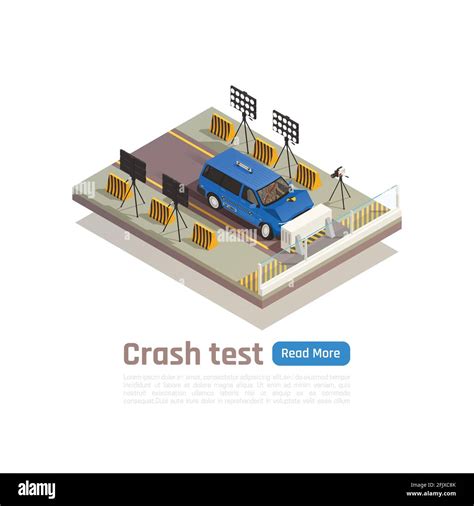 Crash Test Car Safety Isometric Composition With Editable Text And View Of Car Crashing Into