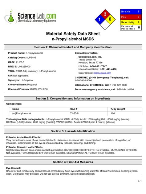 Msds Propanol Toxicity Safety