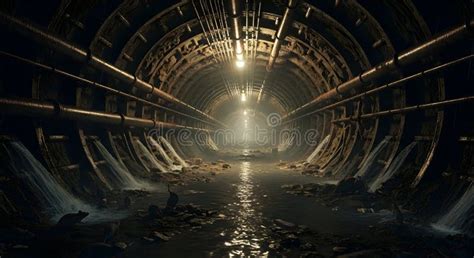 Dark Sewer Tunnel With Rats Pipes And Water Illuminated By Distant