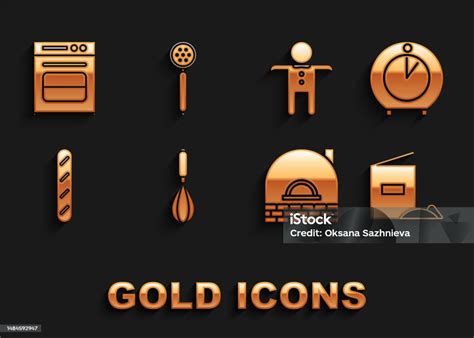 주방 거품기 타이머 밀가루 팩 벽돌 스토브 프렌치 바게트 빵 휴일 진저브레드 맨 쿠키 오븐 및 스트레이너 스푼 아이콘을 설정합니다 벡터 0명에 대한 스톡 벡터 아트 및 기타