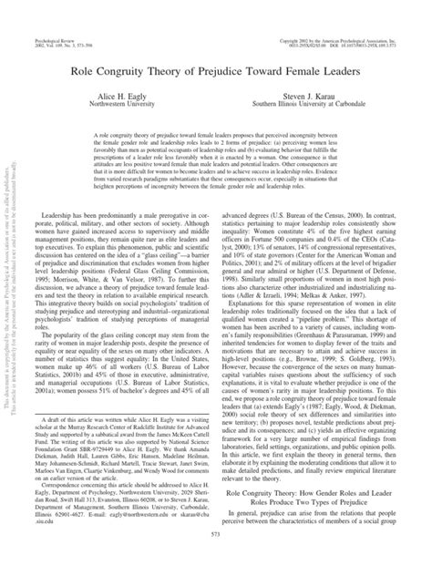 Eagly Karau 2002 Psychological Review Role Congruity Theory Of