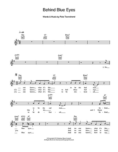 Limp Bizkit Behind Blue Eyes Sheet Music Notes Download Printable