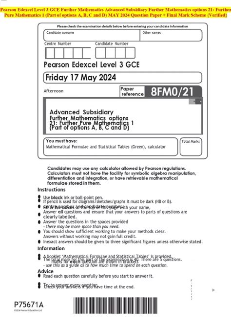 Pearson Edexcel Level 3 Gce Further Mathematics Advanced Subsidiary Further Mathematics Options