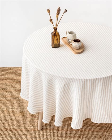 Round Linen Tablecloth In Striped In Natural Magiclinen