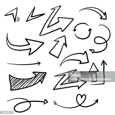 손으로 그린 화살표 마크 아이콘 세트입니다 점 표지판의 컬렉션 검정 선조 마크 점 벡터 손으로 그린 낙서 스타일 고립 된 배경 가막살나무에 대한 스톡 벡터 아트 및 기타