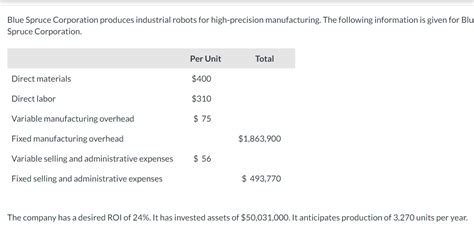 Solved Blue Spruce Corporation Produces Industrial Robots