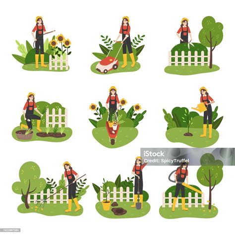 정원사 만화 여자는 잔디를 깍는다 캐릭터는 녹색 나무 나 덤불을 잘라 정원사 심기 및 물 모종 암컷은 마당에서 쓰러진 잎을 제거합니다 벡터 농부의 활동 세트 앞마당 또는