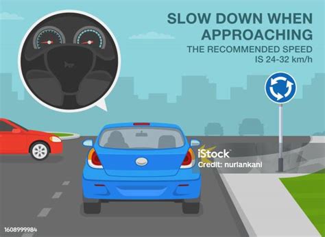 안전 운전 요령 및 교통 규제 규칙 원형 교차로 내부의 우선 순위 원형 교차로에 접근할 때는 속도를 줄이십시오 권장 속도 가까이 옴에 대한 스톡 벡터 아트 및 기타 이미지