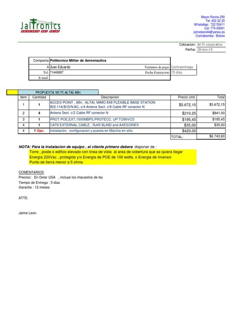 Cotizacion Wi Fi A8n Altai T Pozo Pdf Informática Y Tecnología