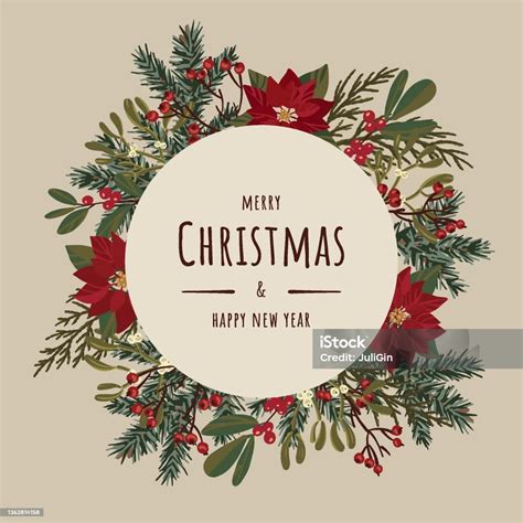 메리 크리스마스와 행복한 새해 엽서 크리스마스 트리 투자 겨우살이 포인세티아 홀리 핸드 그린 심플한 디자인 벡터 일러스트레이션 공휴일에 대한 스톡 벡터 아트 및 기타 이미지