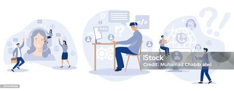 고객 서비스 콜센터 온라인 지원 개념입니다 헤드셋의 핫라인 운영자는 고객과 상담하고 평면 벡터 현대 그림을 설정합니다 개념에 대한 스톡 벡터 아트 및 기타 이미지 Istock