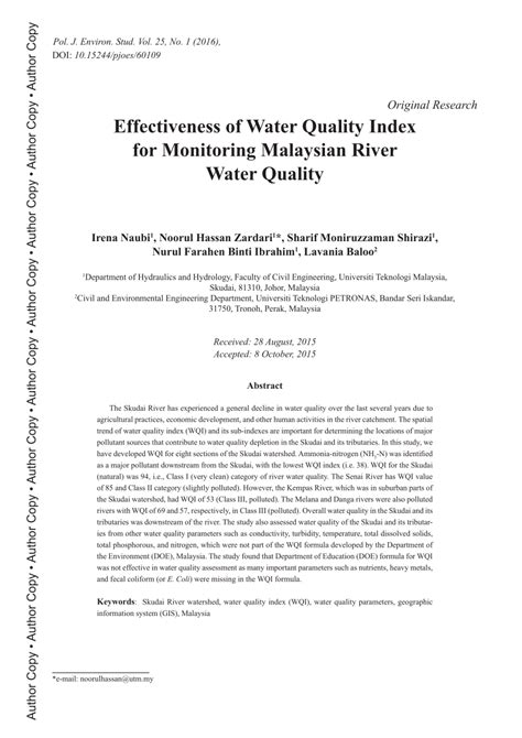 Pdf Effectiveness Of Water Quality Index For Monitoring Malaysian