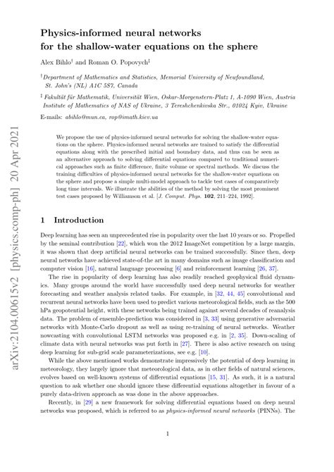 Pdf Physics Informed Neural Networks For The Shallow Water Equations On The Sphere