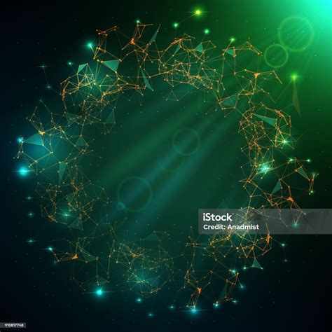 추상적인 벡터 조명 받음 입자와 라인 총 미래 벡터 일러스트입니다 렌즈 플레어 광선으로 격자 구조입니다 큰 데이터 개념입니다 0명에 대한 스톡 벡터 아트 및 기타 이미지