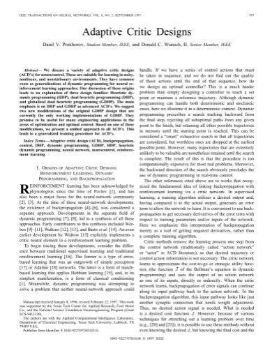 Adaptive Critic Designs Neural Networks Ieee Ieee Xplore