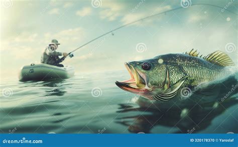 Fisherman In Boat Catching Large Fish Jumping Out Of Water On Sunny Day