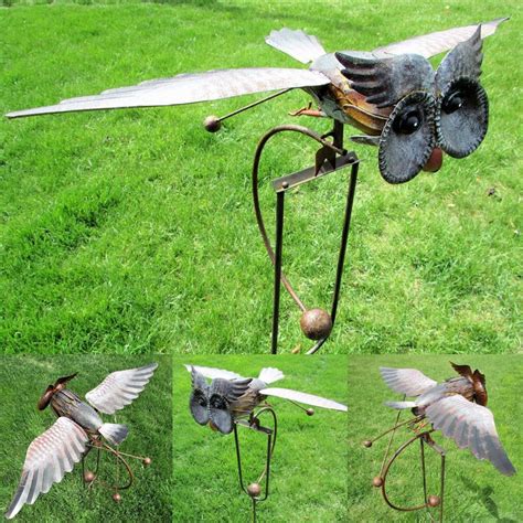 Aohao Metal Owl Garden Statue Wing Flapping Kinetic Wind Spinner Yard