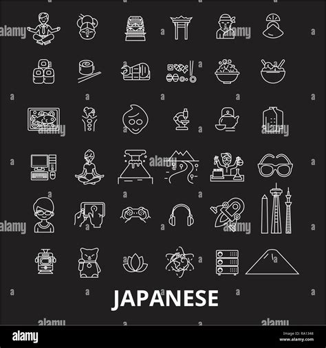 Japanese Editable Line Icons Vector Set On Black Background Japanese White Outline