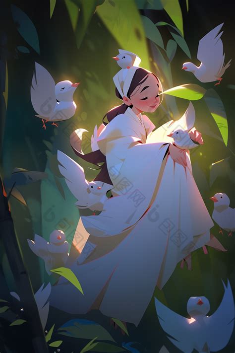 森林里的小女孩小鸟森林国风高清图片下载 包图网
