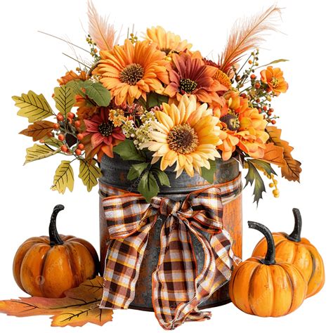 Vibrant Fall Floral Arrangement In Rustic Tin With Pumpkins Fall