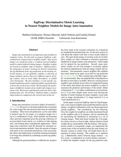 Pdf Tagprop Discriminative Metric Learning In Nearest Neighbor