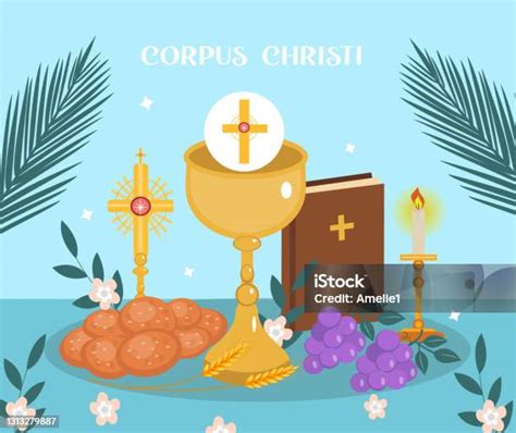 코퍼스 크리스티 가톨릭 종교 휴일 인사말 카드 당신의 디자인을위한 템플릿 축제의 날 십자가 빵 포도 벡터 일러스트레이션 빵에 대한 스톡 벡터 아트 및 기타 이미지 Istock