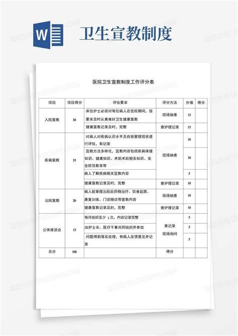 医院卫生宣教制度工作评分表word模板下载编号lwbyabyj熊猫办公
